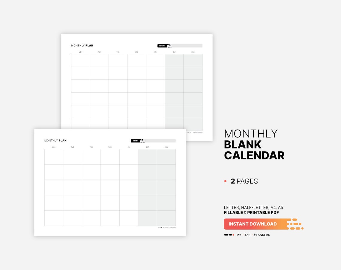 Monthly Blank Calendar Printable Landscape Insert Fillable - Etsy