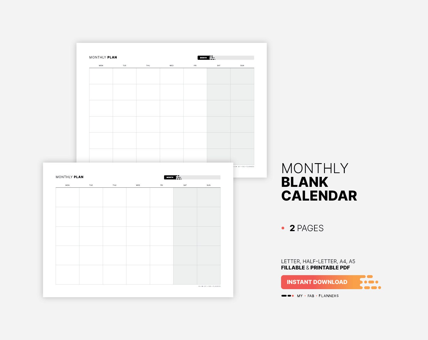 Monthly Blank Calendar Printable Landscape Insert Fillable - Etsy