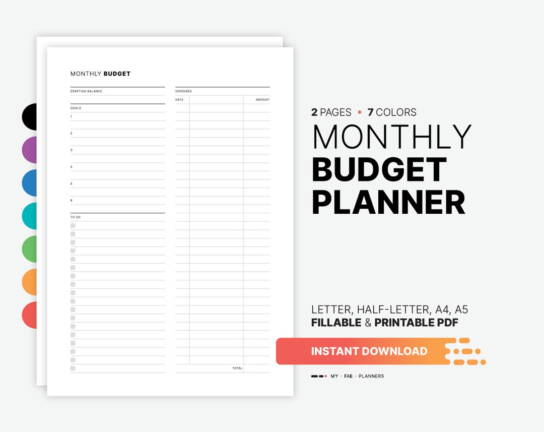 Monthly Budget Planner, Fillable Financial Book Sheet Template, Finance ...
