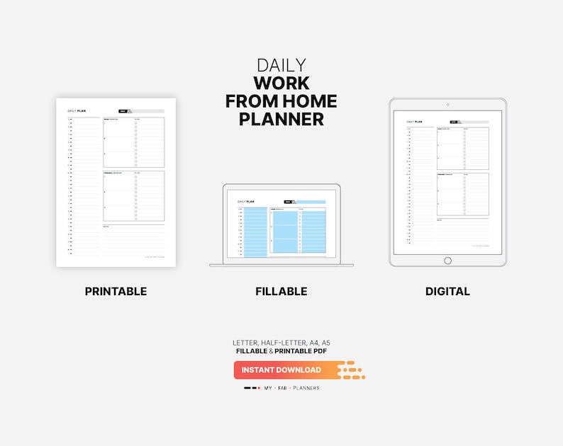 Daily Work From Home Planner, Schedule, Productivity Checklist ...