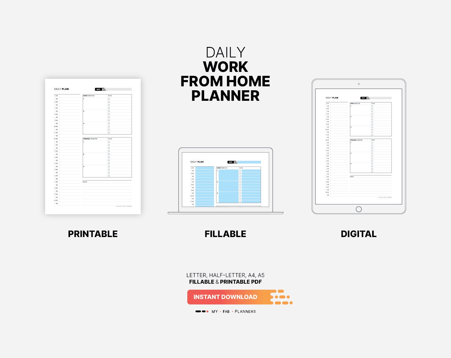 Daily Work From Home Planner, Printable PDF Template - Etsy