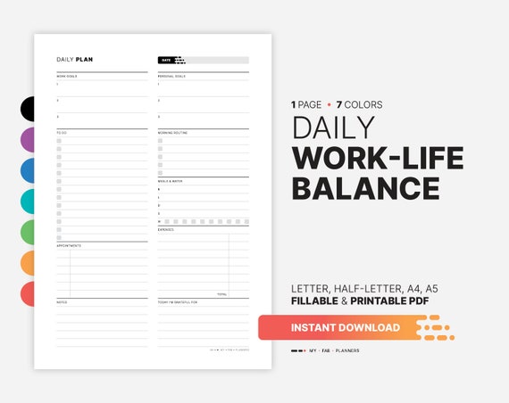 Daily Work Life Balance Planner Fillable Goals Work in - Etsy