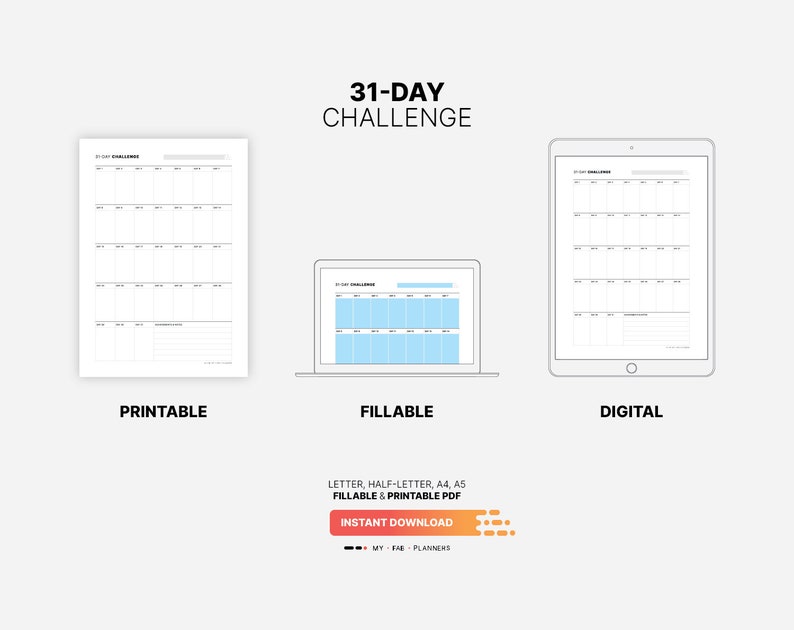 31-day Challenge for Monthly Goal & Habit Tracker, Fillable Boxes ...