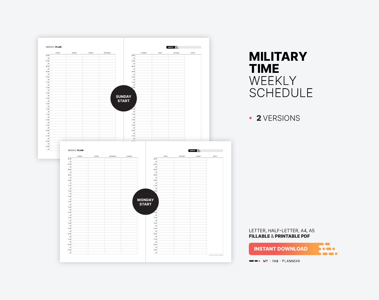 Military Time Weekly Schedule, Printable Productivity Planner Inserts ...