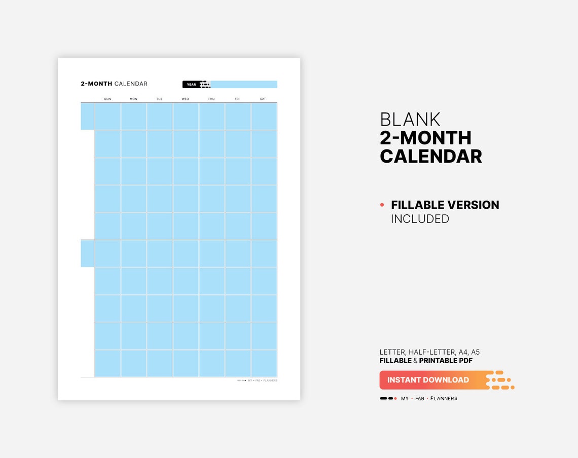Blank 2 Month Calendar, Undated Multi Month At-a-glance Planner ...
