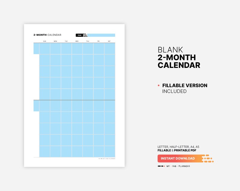 Blank 2 Month Calendar, Undated Multi Month At-a-glance Planner ...