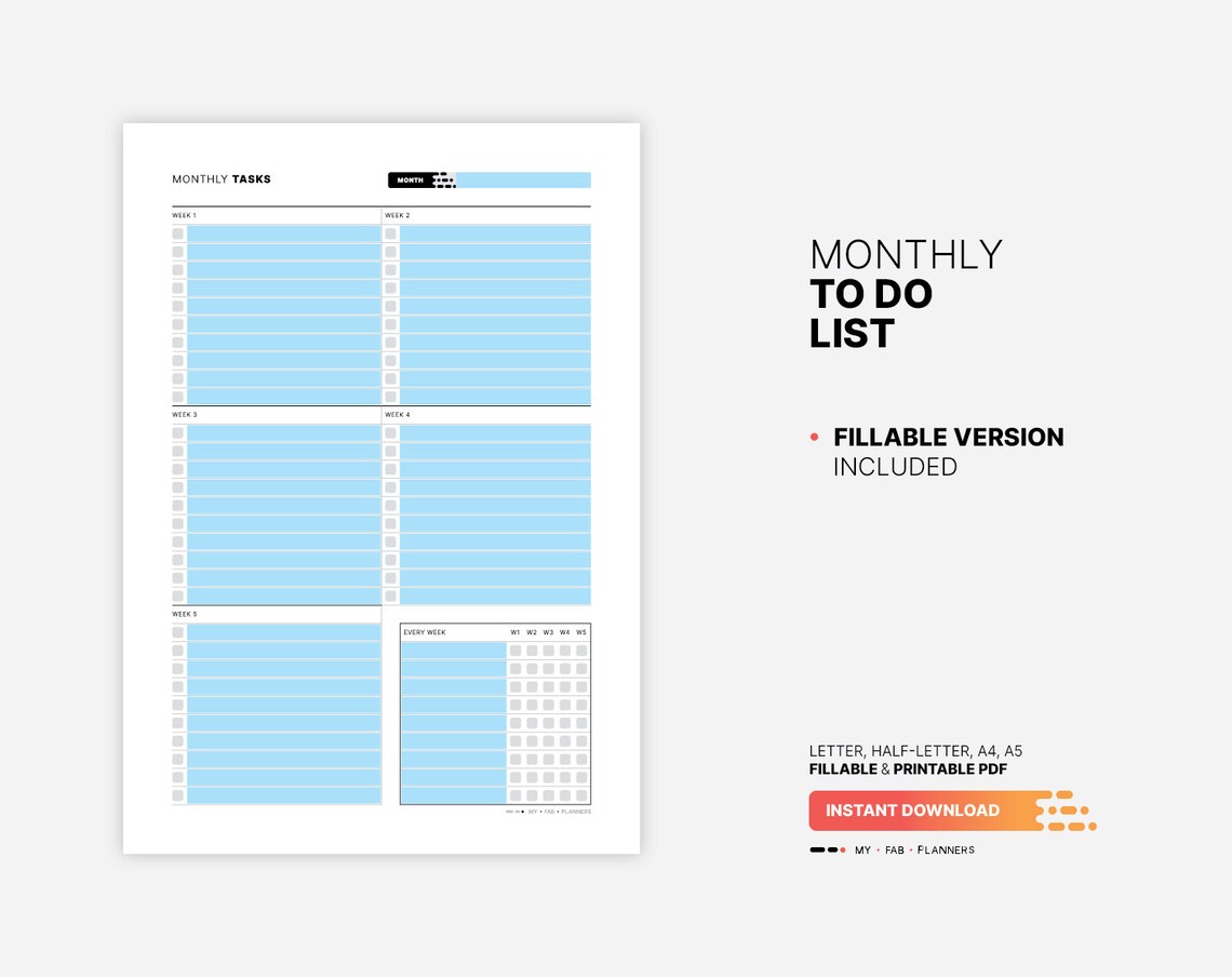 Monthly to Do List, Printable Weekly Task Planner, Digital Action Plan ...