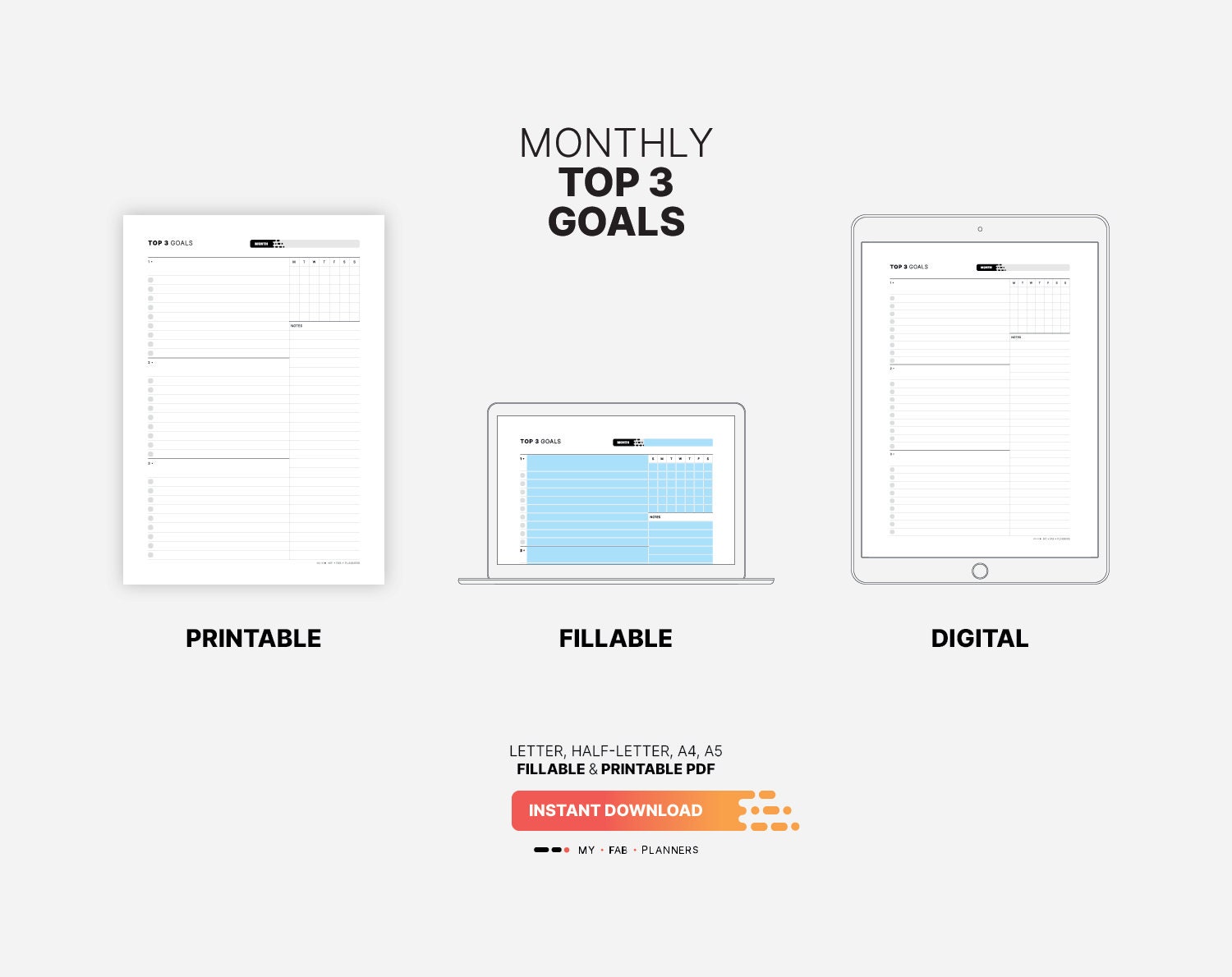 Top 3 Goals Planner, Undated Monthly To-do List Tracker, Task Checklist ...