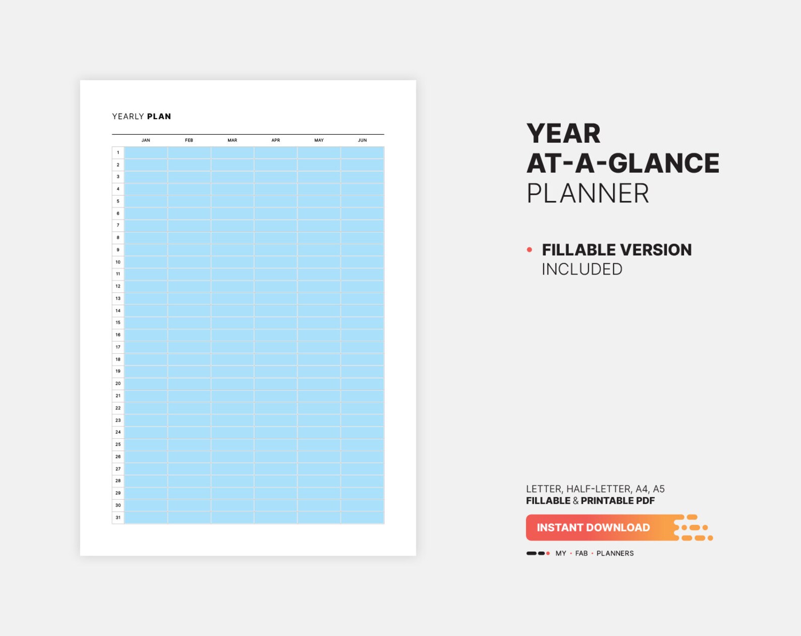 Year At-a-glance Planner, Undated & Digital Yearly Overview Template ...