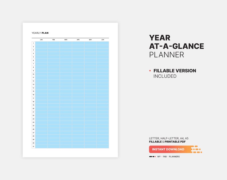 Year At-a-glance Planner, Undated & Digital Yearly Overview Template ...