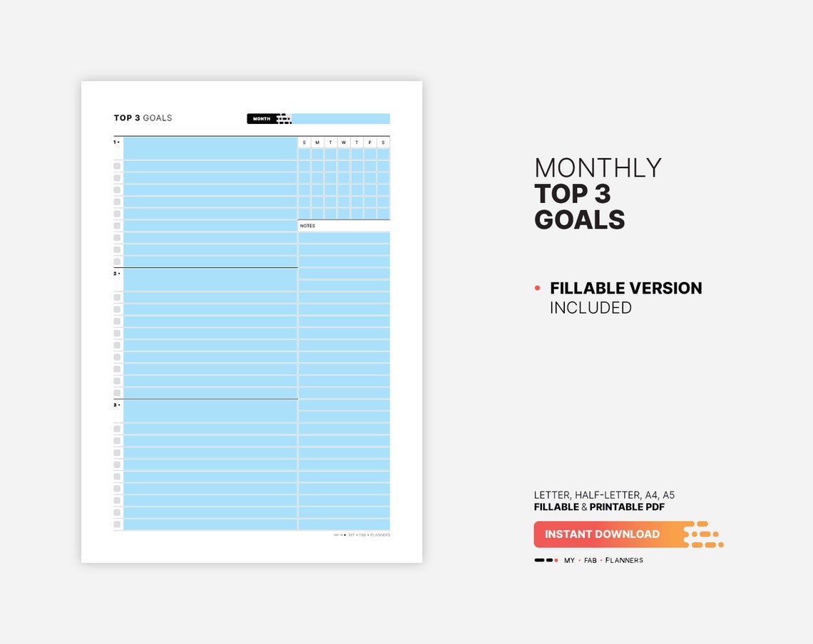 Top 3 Goals Planner, Undated Monthly To-do List Tracker, Task Checklist ...