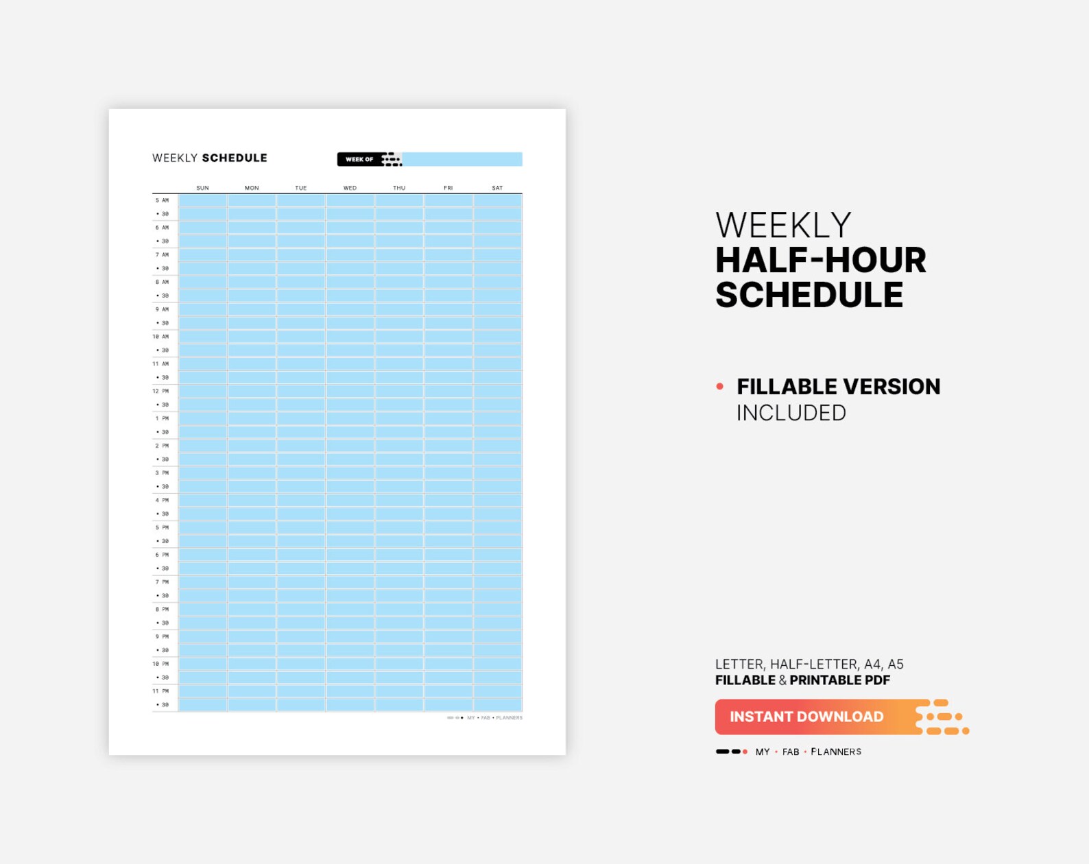 Weekly Half-hour Schedule, Printable Time Tracker, Digital Week at a ...