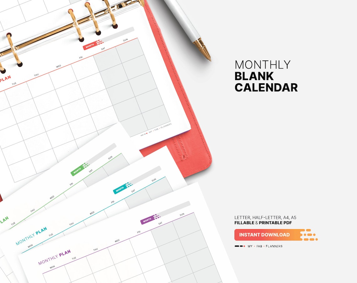 Monthly Blank Calendar Printable Landscape Insert Fillable - Etsy