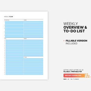 Weekly Overview on Two Pages, Week Ahead At-a-glance Planner, Fillable ...