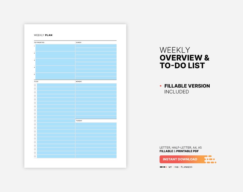 Weekly Overview on Two Pages Week Ahead At-a-glance Planner - Etsy