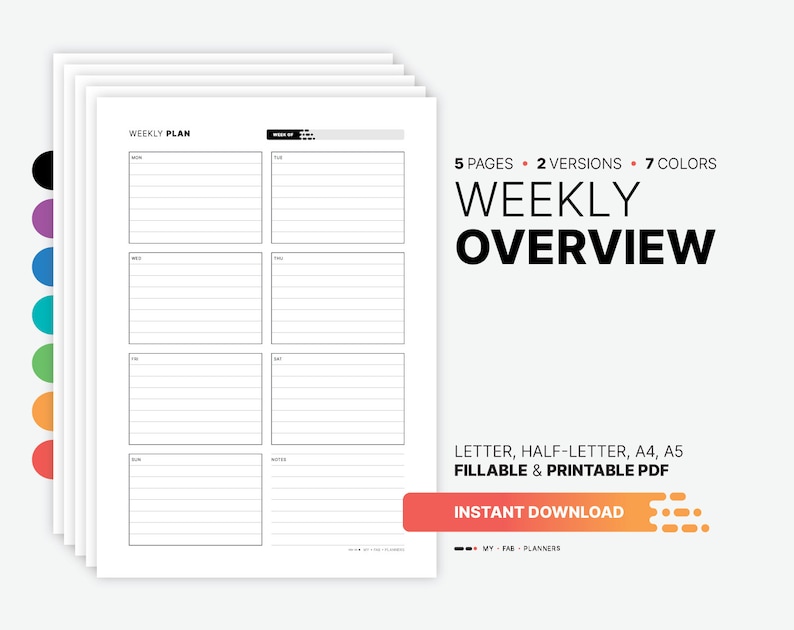 Weekly Overview, Printable Simple, Minimalist Template, Work ...