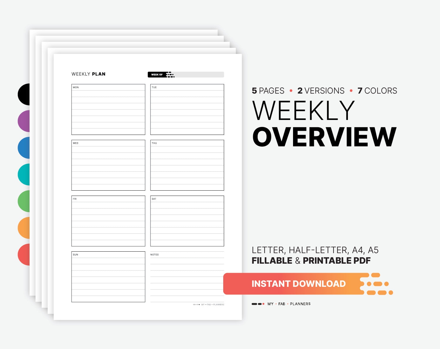 Weekly Overview, Printable Simple, Minimalist Template, Work ...