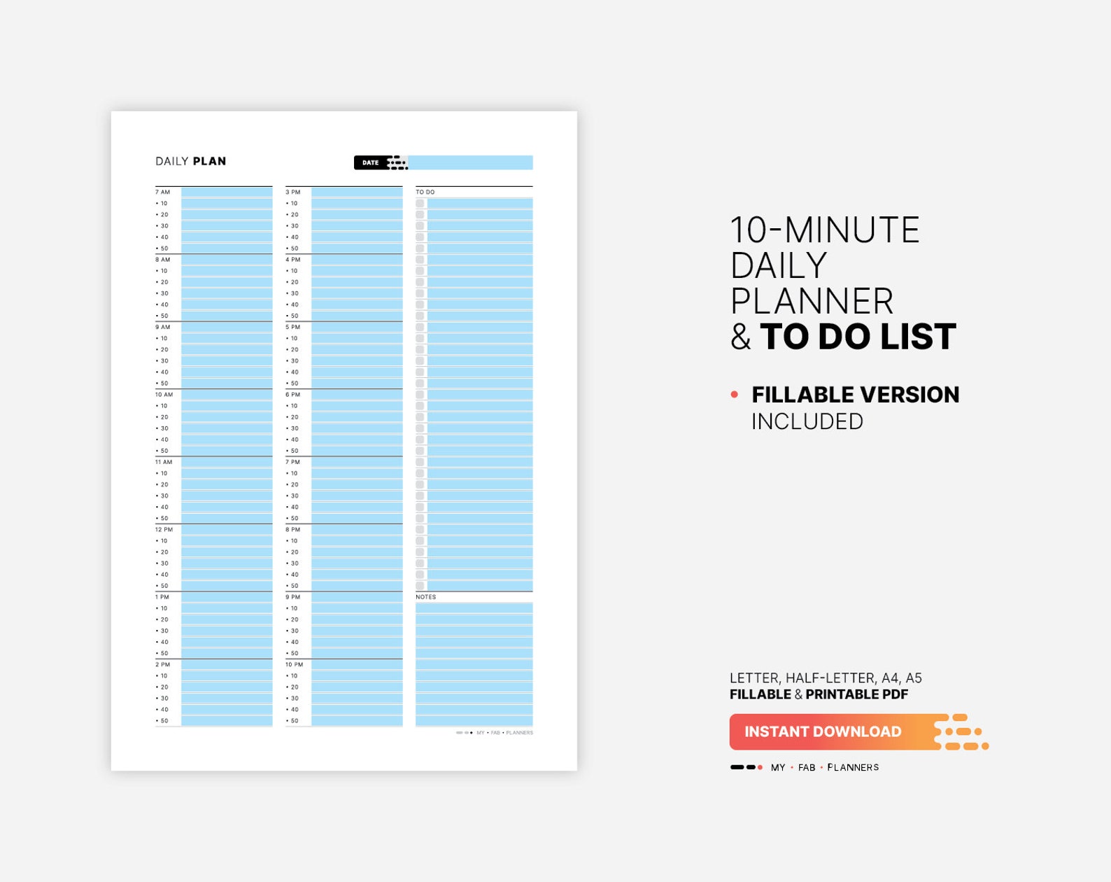 10-minute Daily Planner, Fillable Printable PDF, Productivity Time ...