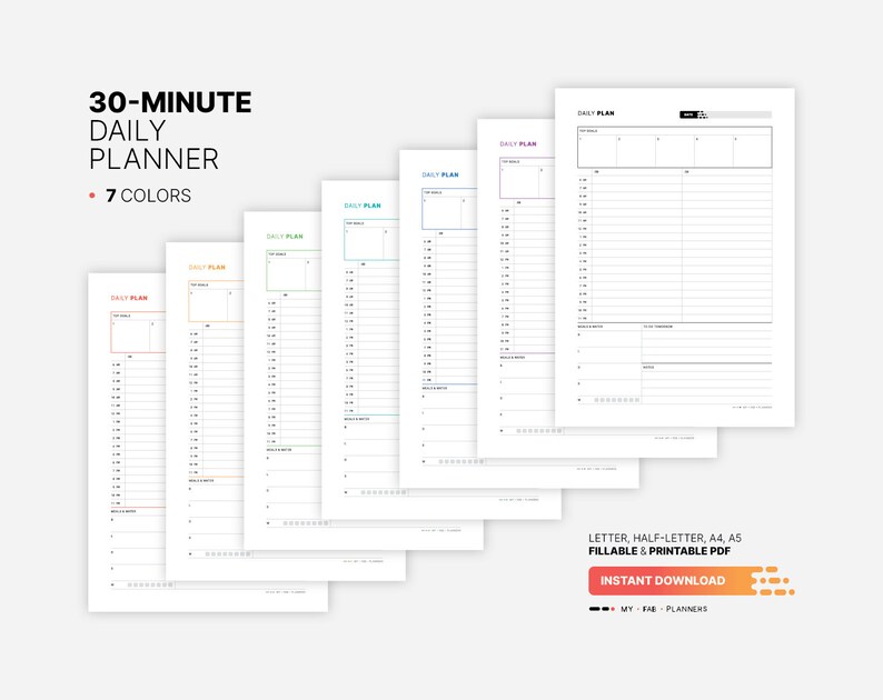 Half-hour Daily Planner, Printable Work Schedule Chart, Fillable ...