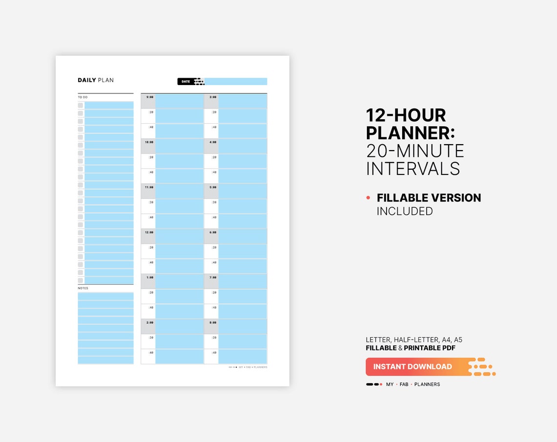 12-hour Planner, Printable 20-minute Work, Study Task Schedule ...