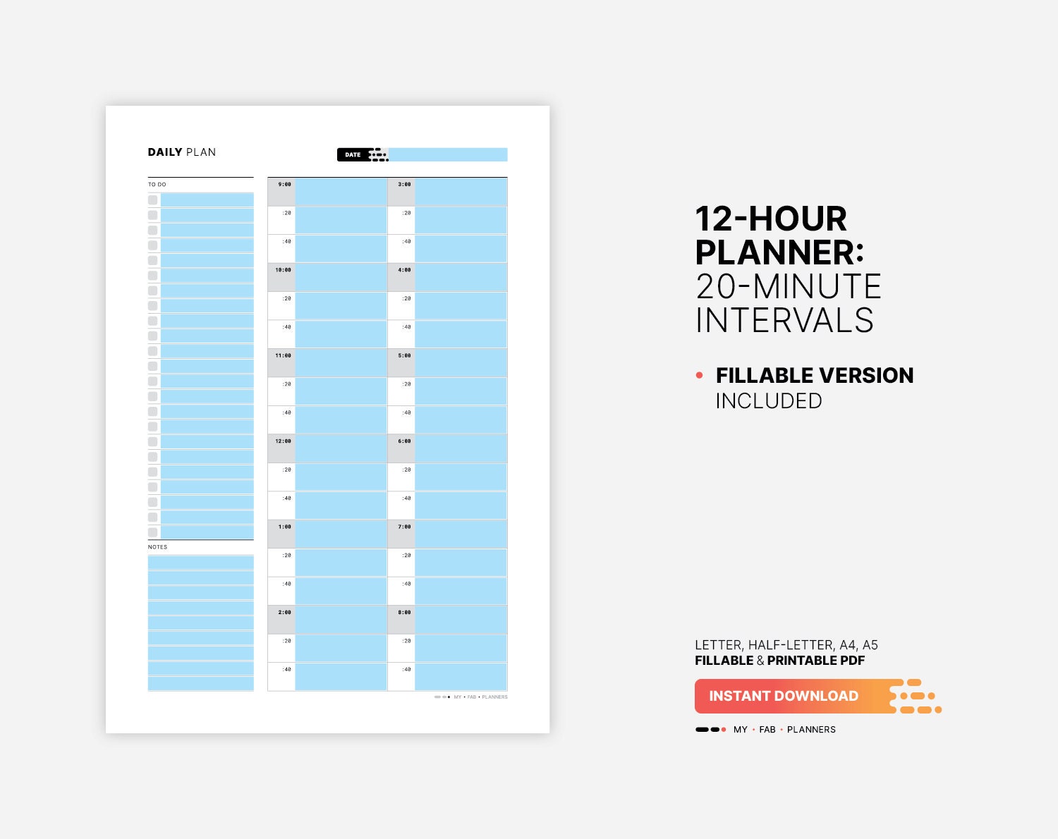 12-hour Planner, Printable 20-minute Work, Study Task Schedule ...