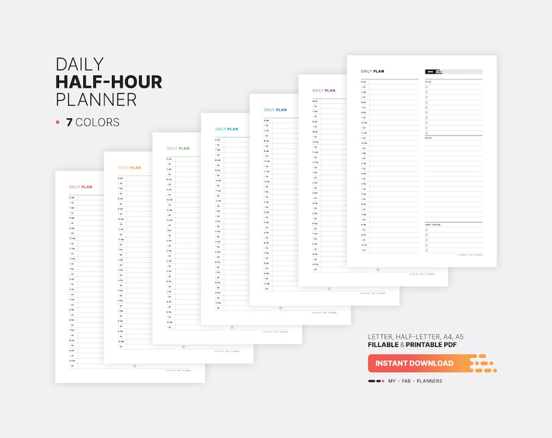 Half Hour Daily Planner, Block Time Schedule, Everyday Fillable Task ...