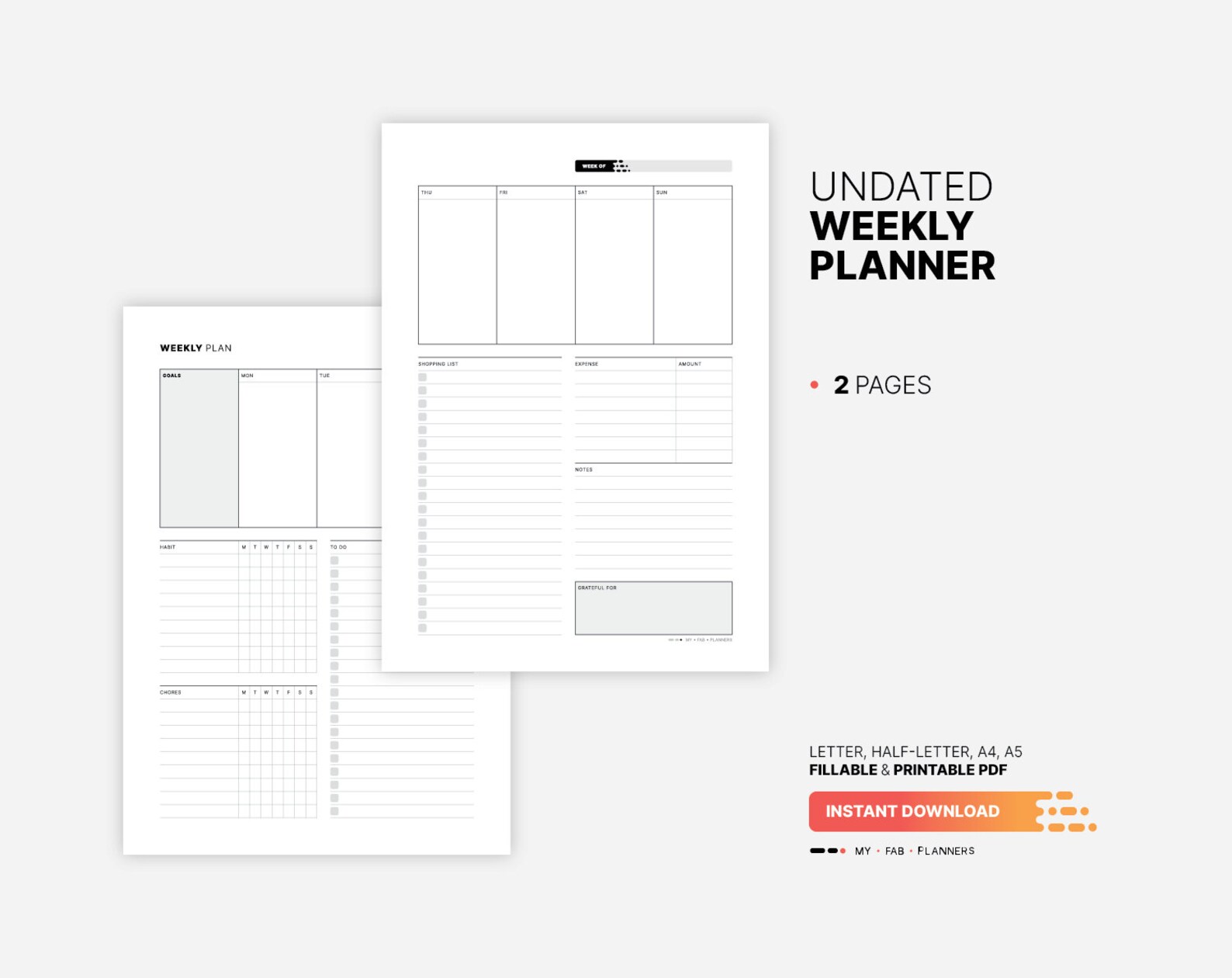 Undated Weekly Planner, Simple Productivity Plan at a Glance, Printable ...