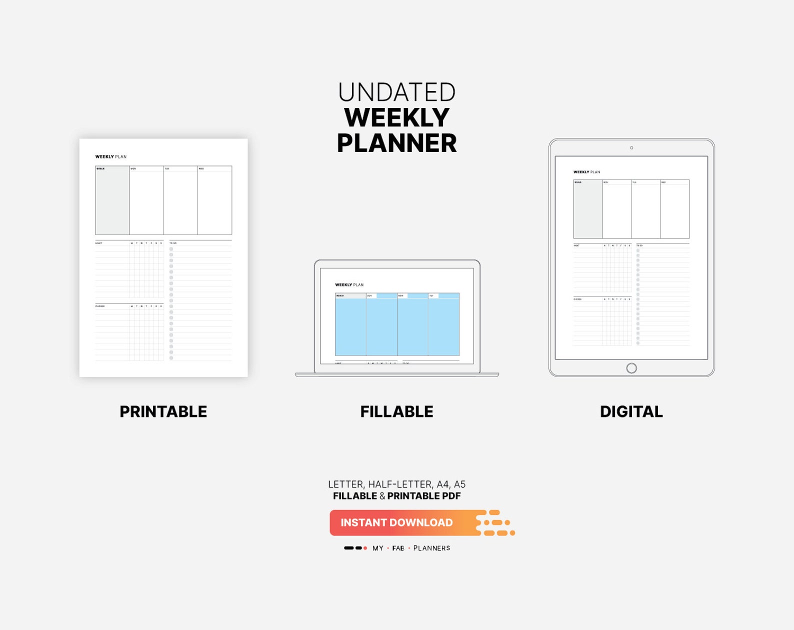 Undated Weekly Planner, Simple Productivity Plan at a Glance, Printable ...