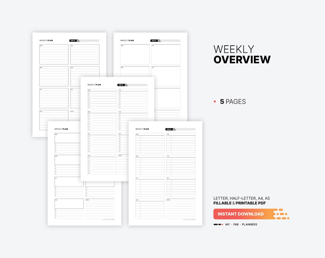 Weekly Overview, Printable Simple, Minimalist Template, Work ...
