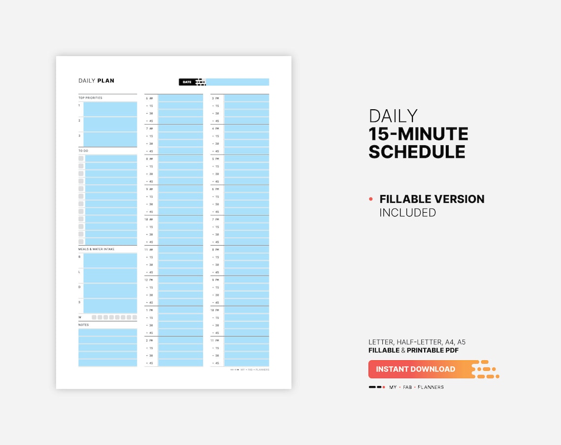 Daily 15-minute Schedule, Printable Work Chart Planner, Fillable ...