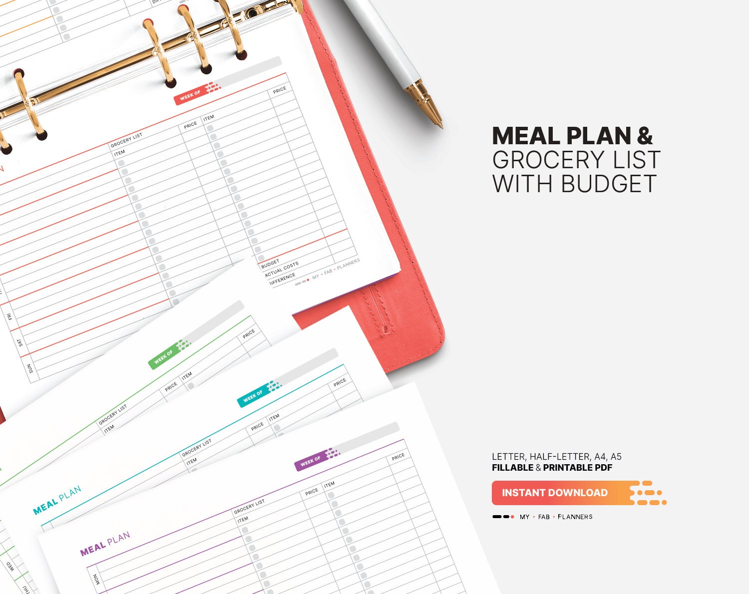 Budget and Meal Plan With Grocery List Planner, Fillable Weekly Meal ...