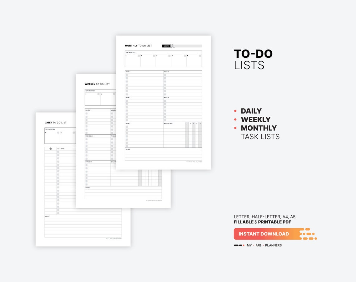 Things to Do Lists Printable Daily Weekly Monthly Work at - Etsy UK