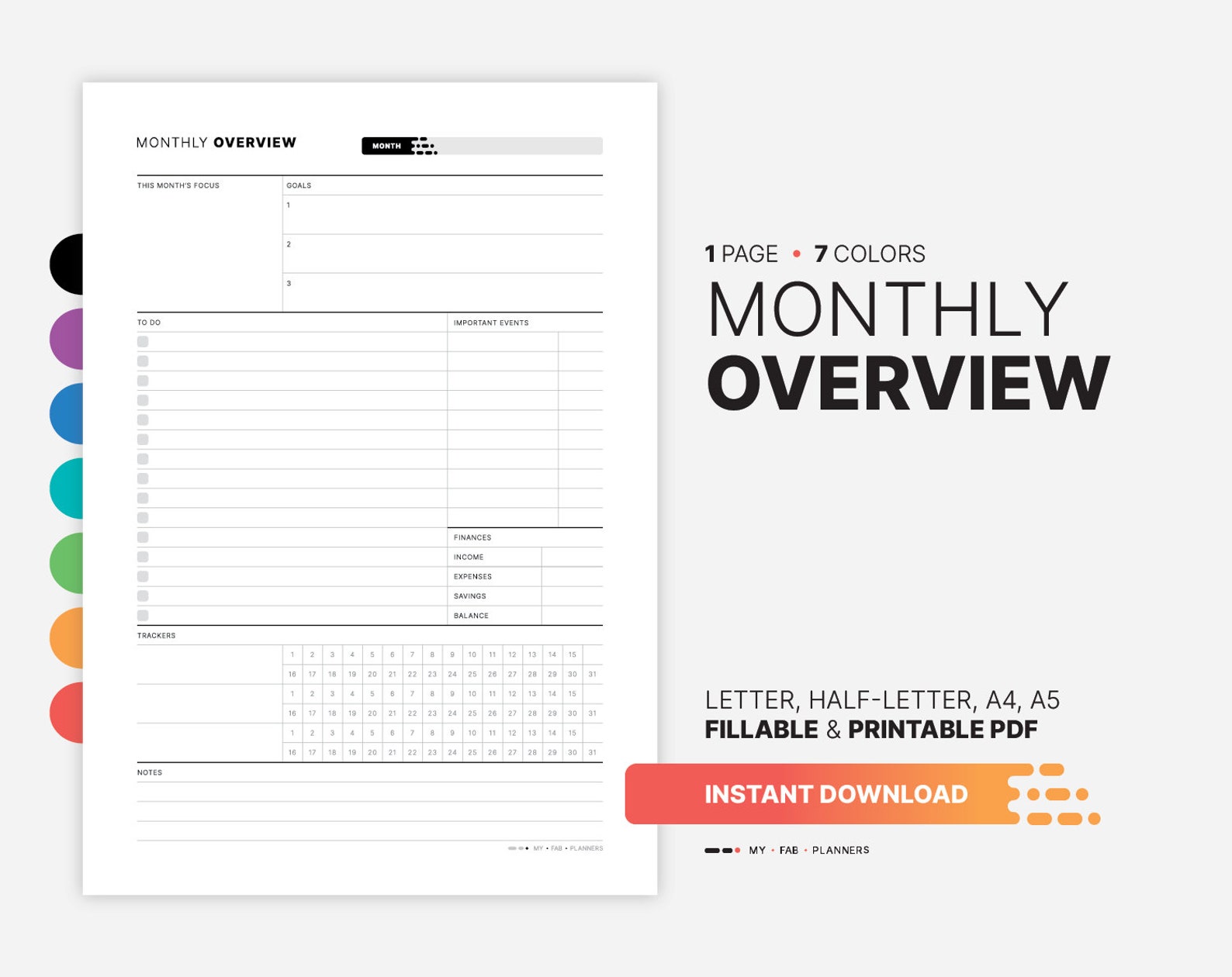 Undated Monthly Overview Planner, Fillable Goals, Habit Tracker, To-do ...