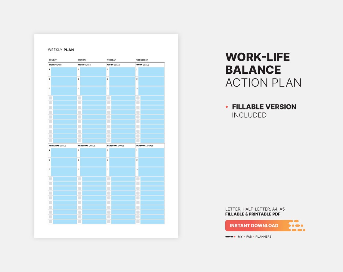 Weekly Work-life Balance & Action Plan, Goal Setting Log, Fillable To ...