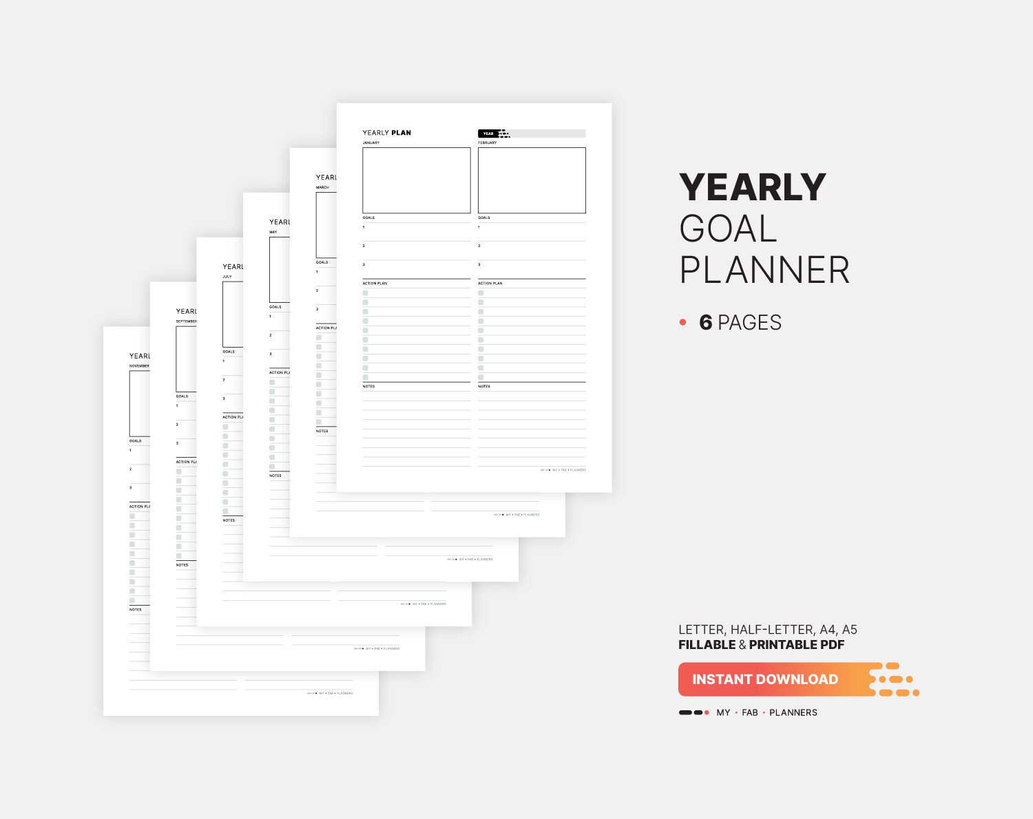 Yearly Goal List & Action Plan Template, Undated Yearly Goals Planner ...