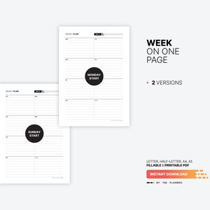 Week on One Page Overview, Organizer, Undated Fillable Weekly Routine ...