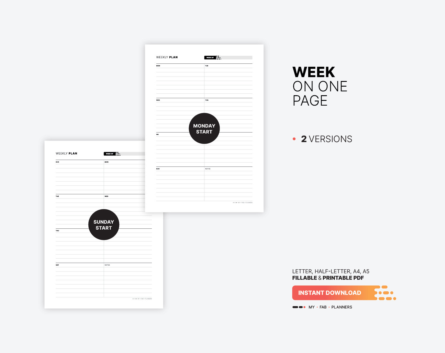 Week on One Page Overview, Organizer, Undated Fillable Weekly Routine ...