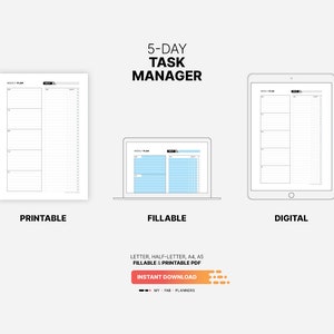 5-day Task Manager, Printable to Do List Tracker, Fillable Weekly Work ...