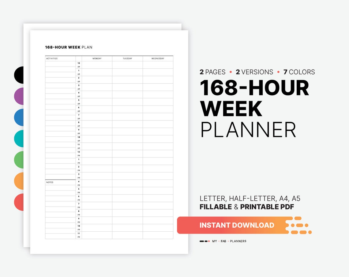 168-hour Weekly Planner, Printable Mindfulness Timesheet, Goal Setting ...