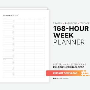 168-hour Weekly Planner, Printable Mindfulness Timesheet, Goal Setting ...