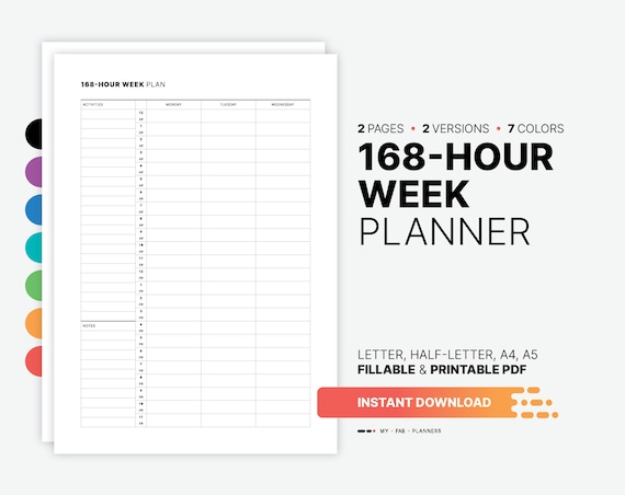 168-hour Weekly Planner Printable Mindfulness Timesheet Goal - Etsy