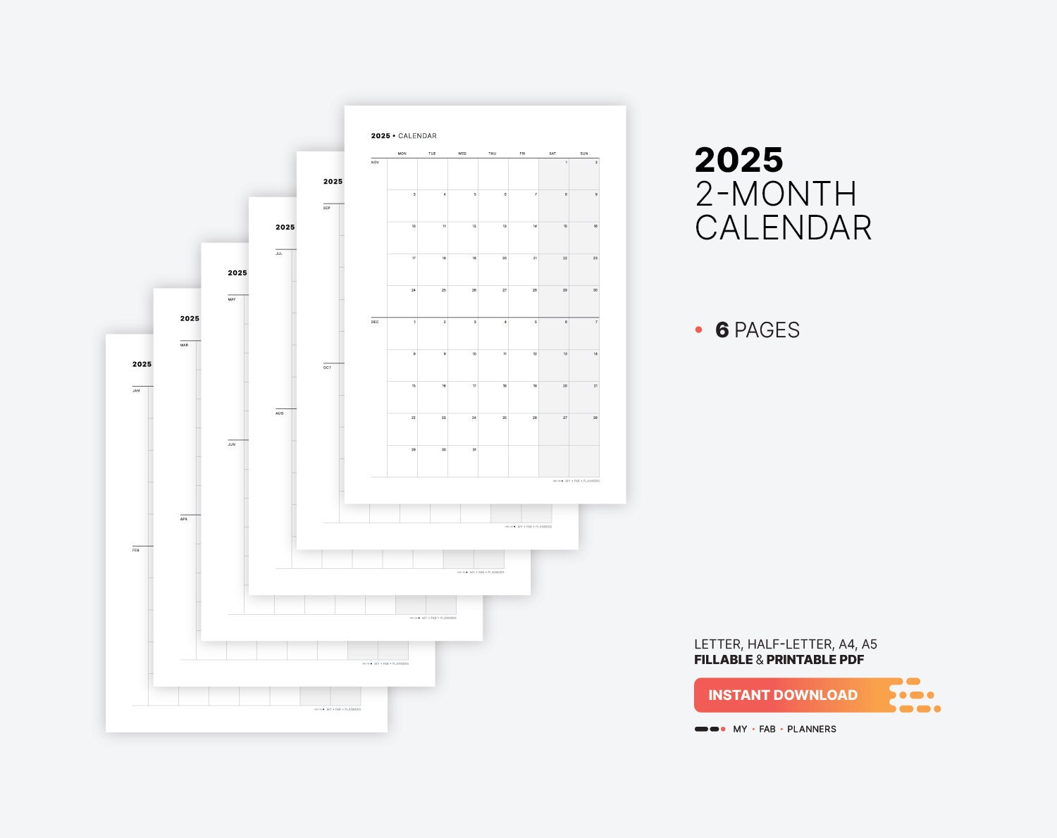 2025 2-month Calendar, Printable Minimalist Family Organization Digital ...