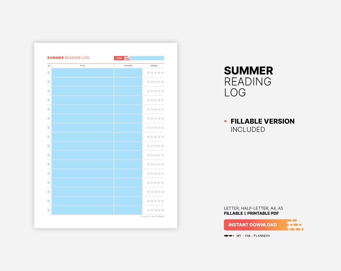 Summer Reading Log, Fillable Bucket List for Book Lover, Holiday Fun ...