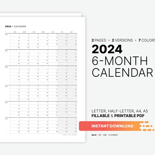 6 Month Editable Calendar - Etsy