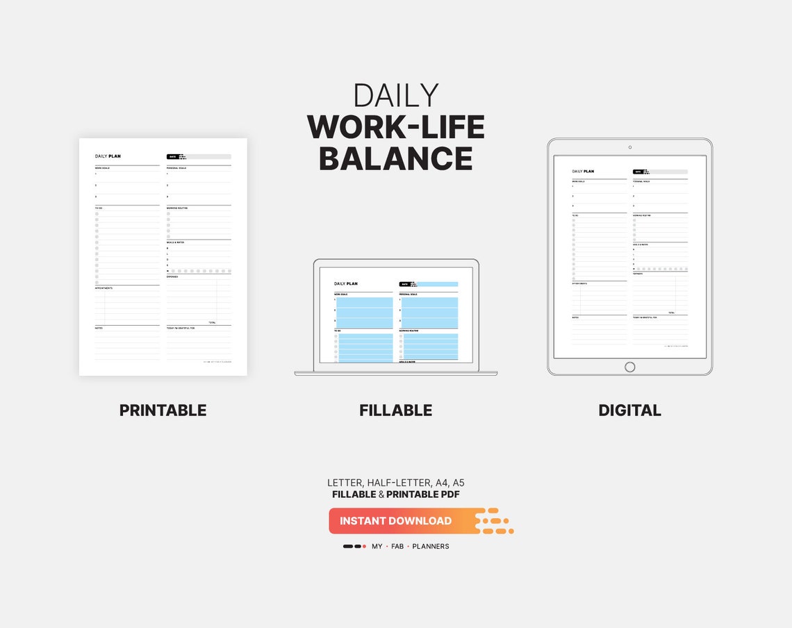 Daily Work Life Balance Planner, Fillable Goals, Work in Progress Log ...