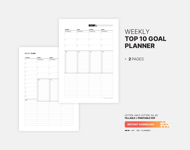 Weekly Top 10 Goal Planner & To-do List, Fillable Goal Mapping ...