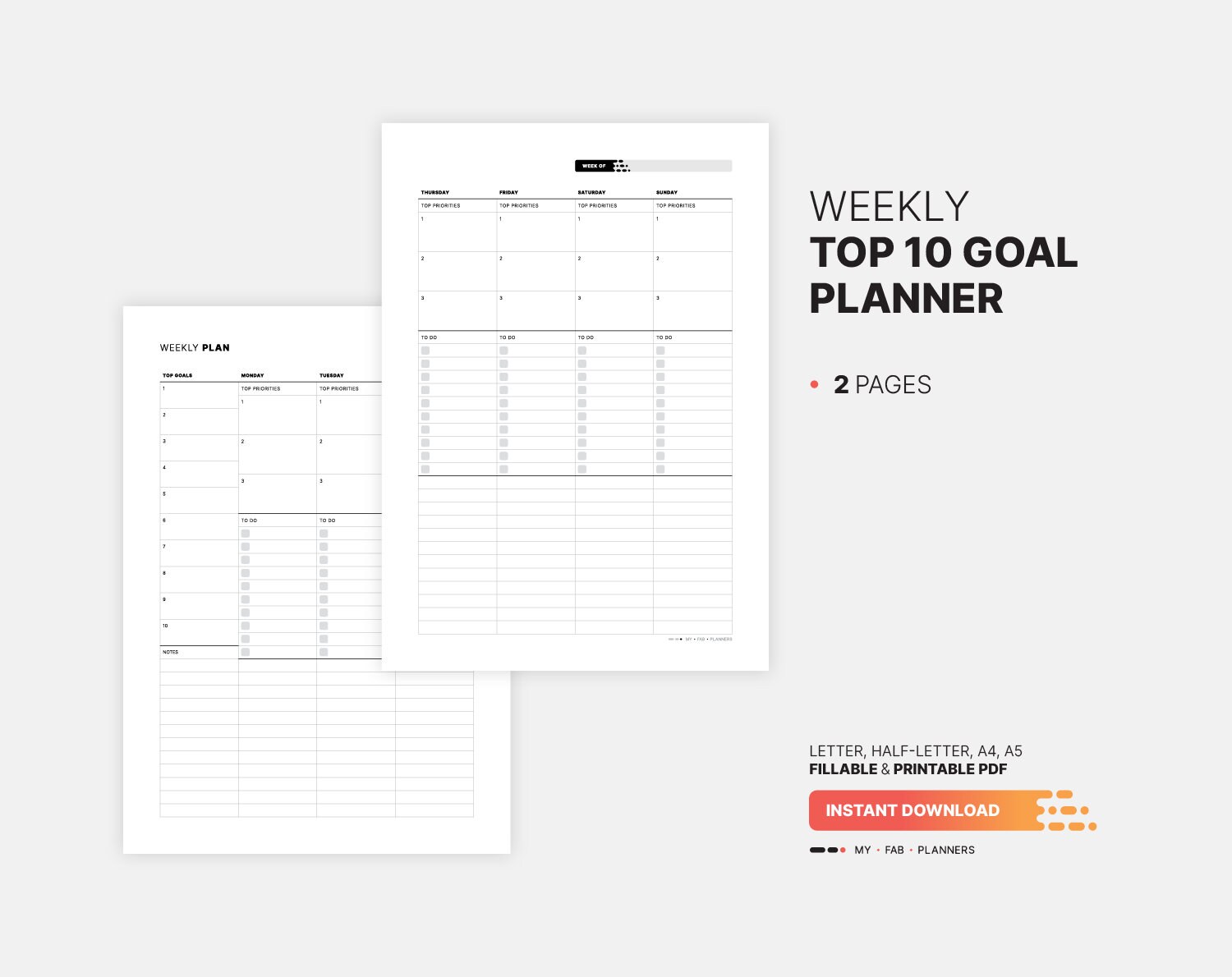 Weekly Top 10 Goal Planner & To-do List, Fillable Goal Mapping ...