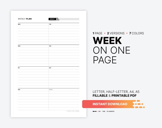 Week on One Page Overview Organizer Undated Fillable Weekly | Etsy