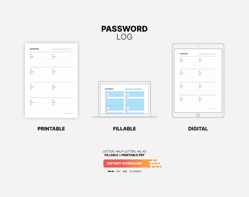 Password Log & Keeper Sheet With Fillable Boxes for Printable Journal ...