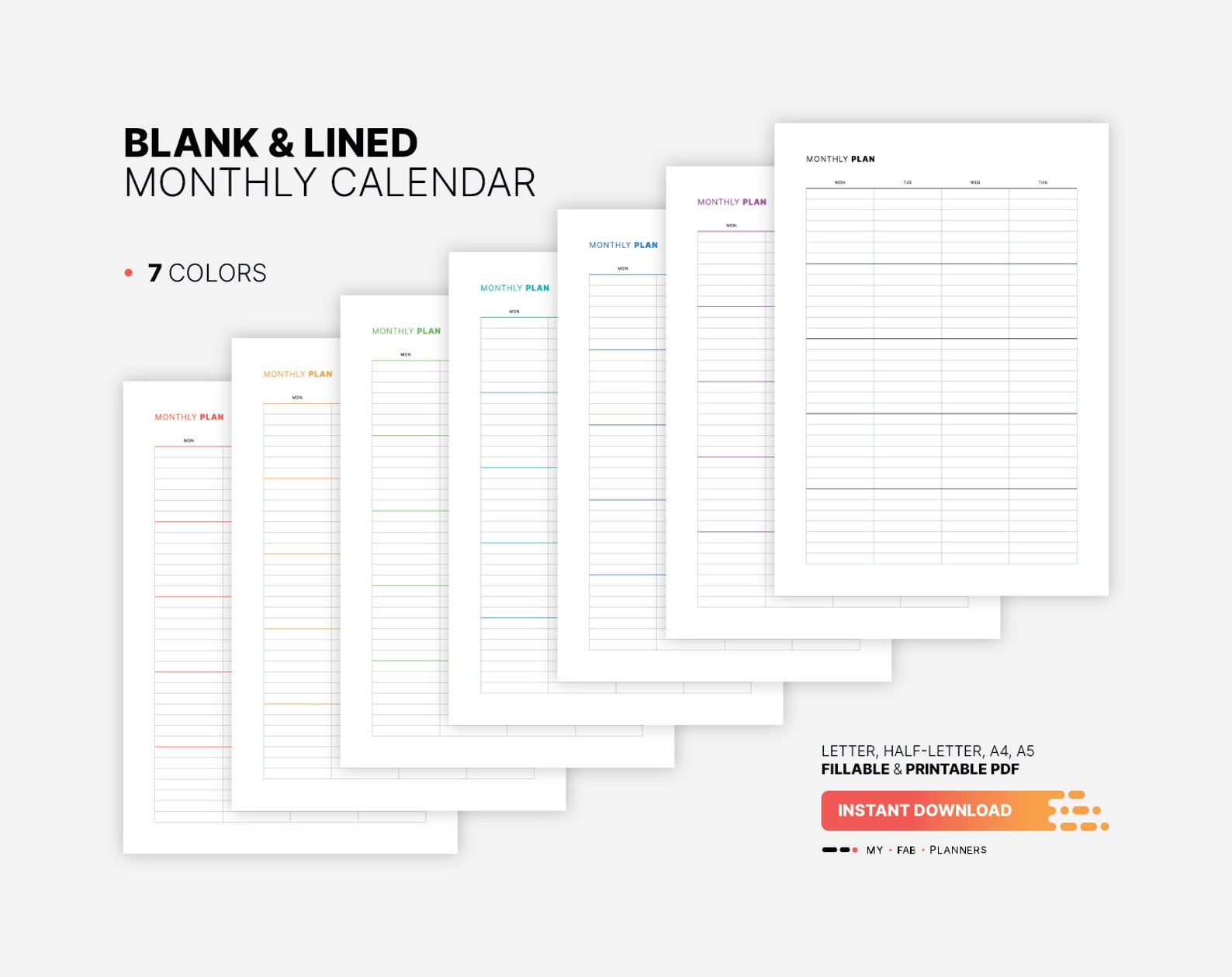 Blank Lined Monthly Calendar, Fillable Month At-a-glance Blocks ...